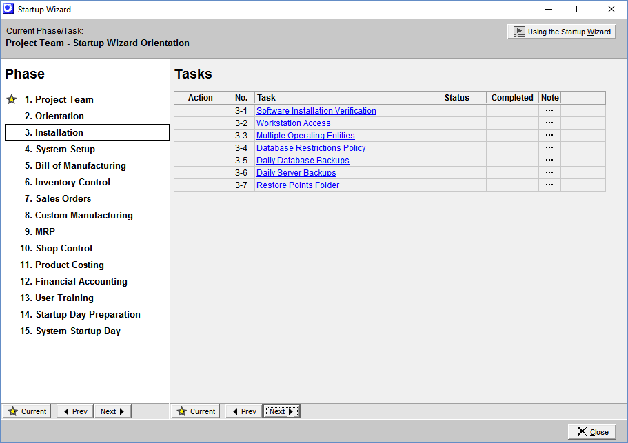 Startup Wizard - DBA Manufacturing Software