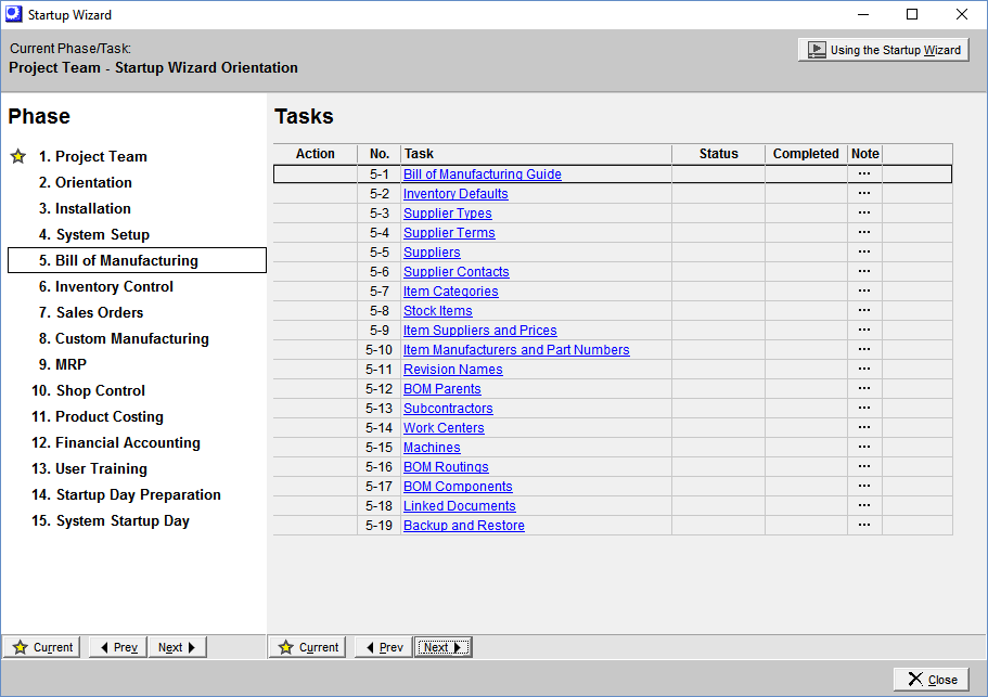 Startup Wizard - DBA Manufacturing Software
